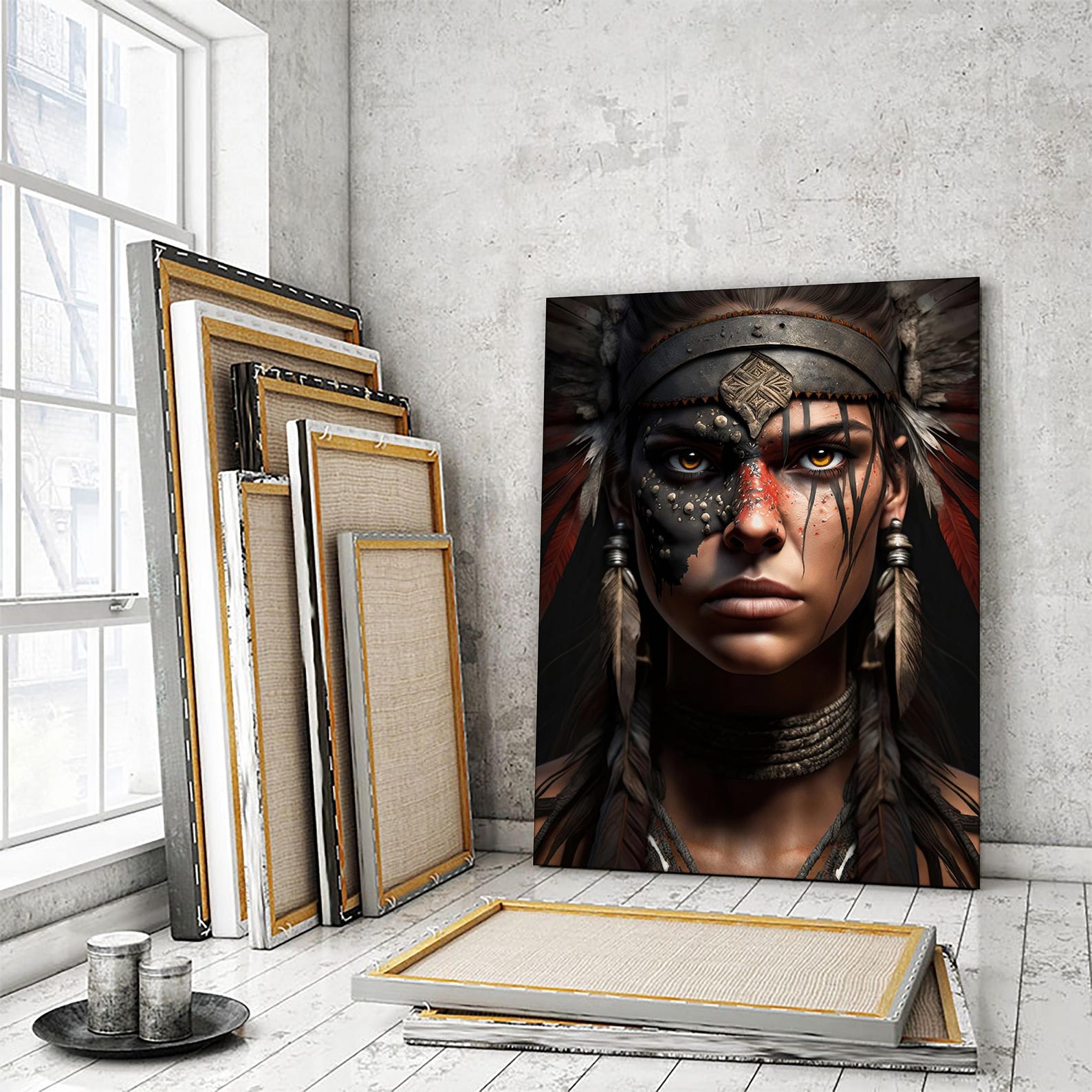 Native American Woman Canvas Painting, Warrior Woman Wall Painting ...