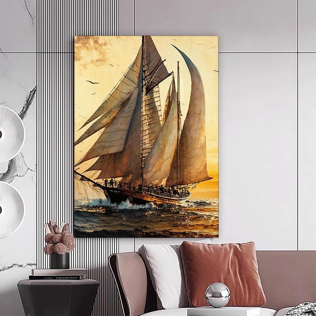 Retro Clipper Ship Canvas Print, Sea Waves Wall Painting, Ship Home ...