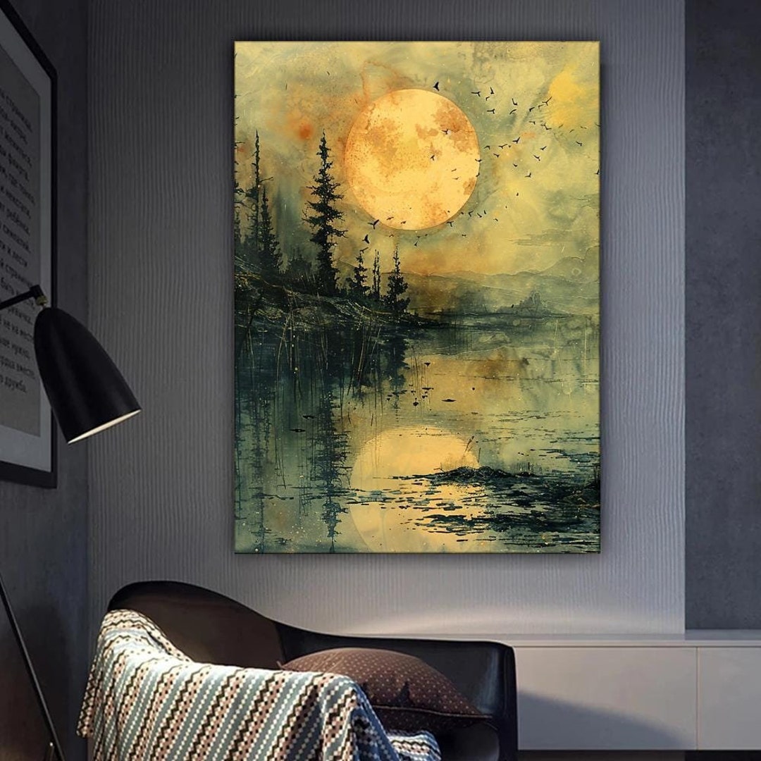 Moonlight Design Canvas Painting, Landscape Wall Painting, Forest Home ...