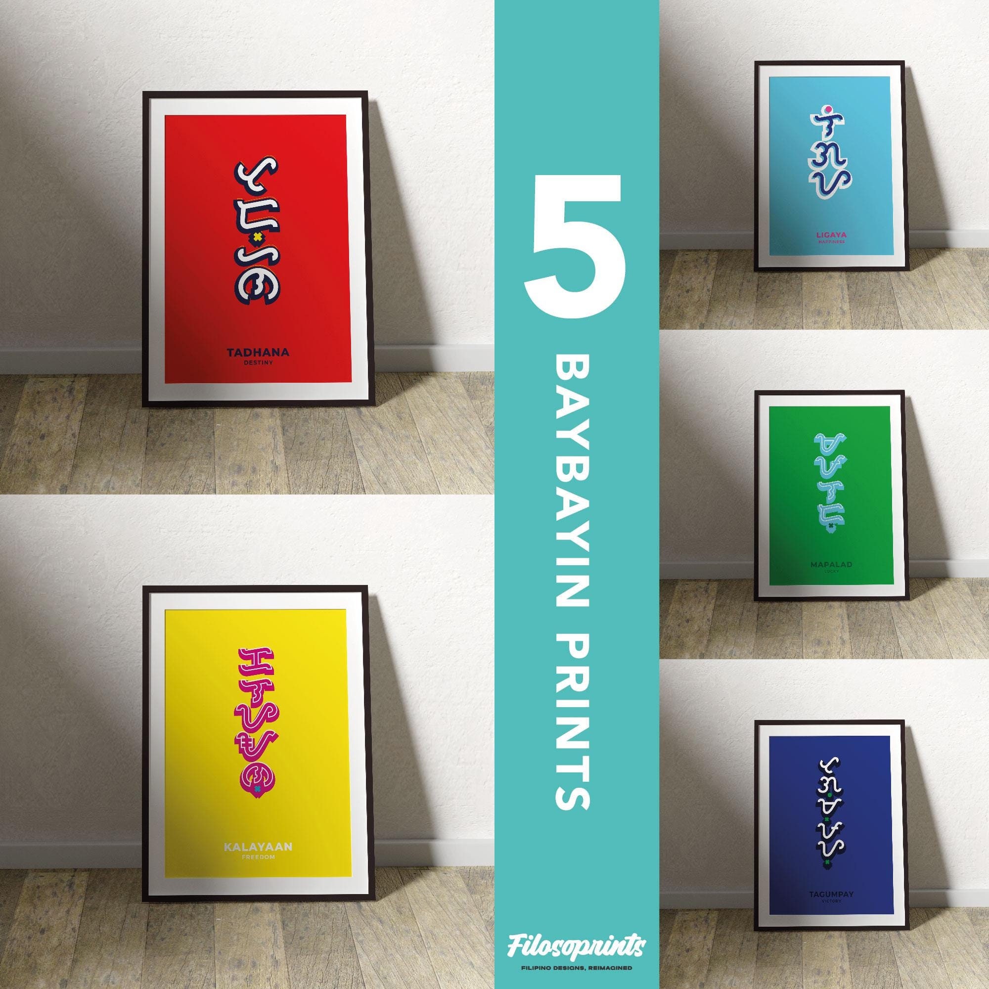 Set of 5 Filipino Baybayin Modern Poster. Tagumpay. Kalayaan. Ligaya ...