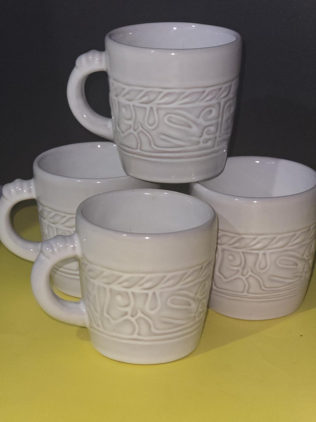 Frankoma Coffee Cups in White With Mayan/ Aztec Design. - Etsy