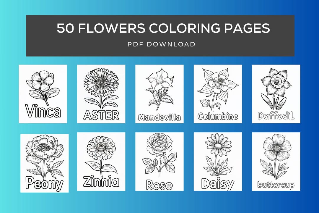 50 Flowers Coloring Pages - Etsy