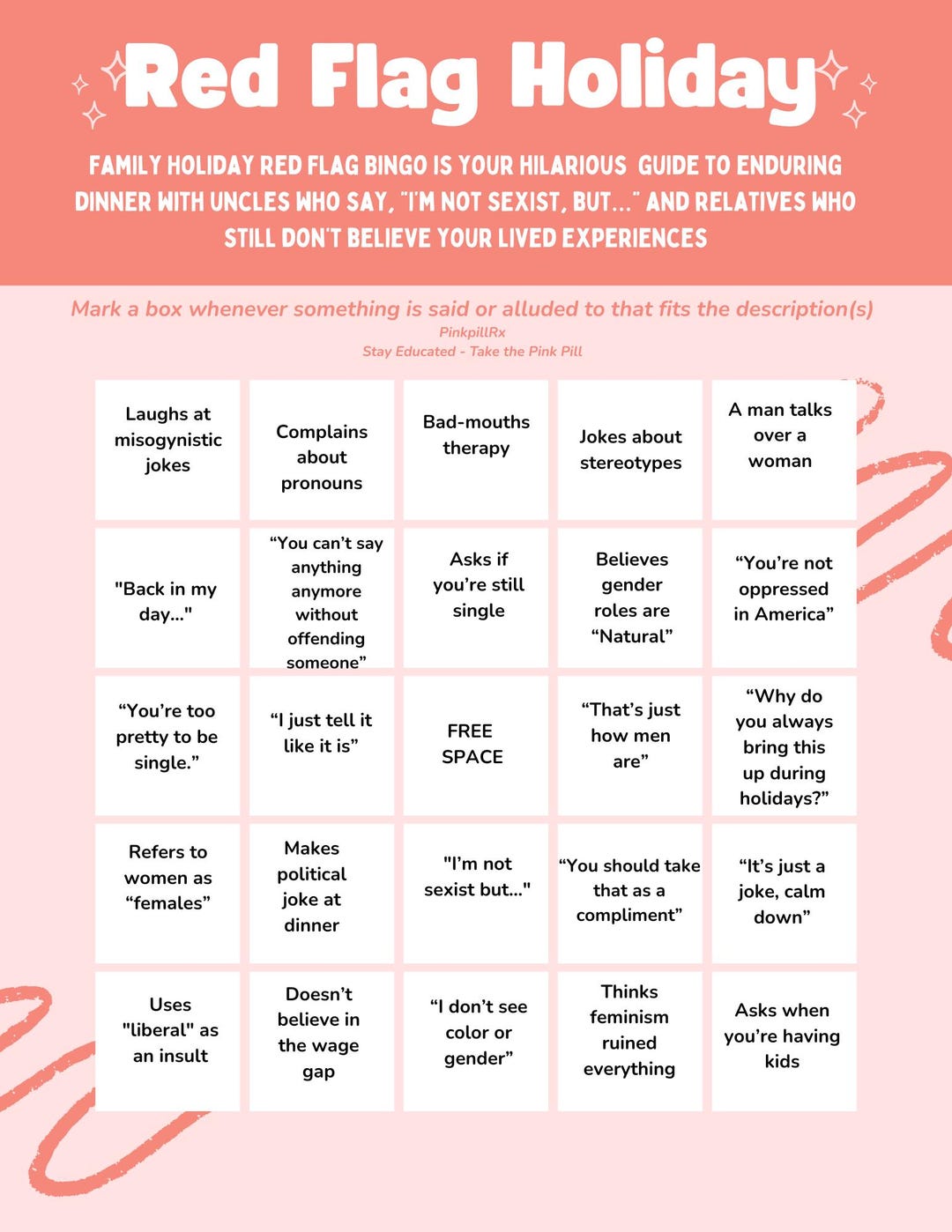 Satirical Family Holiday Red Flag Bingo – Feminist Edition | Printable ...