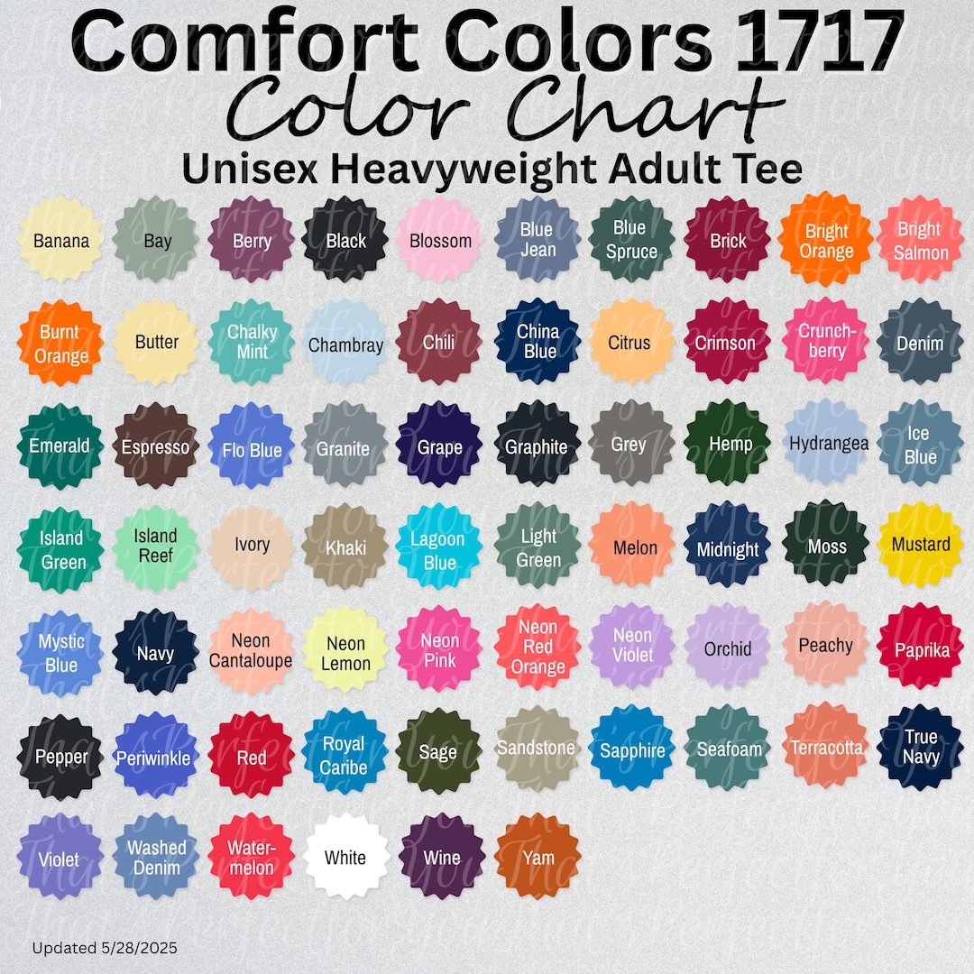 Comfort Colors 1717 Color Chart Digital Download | Garment-dyed T-shirt ...