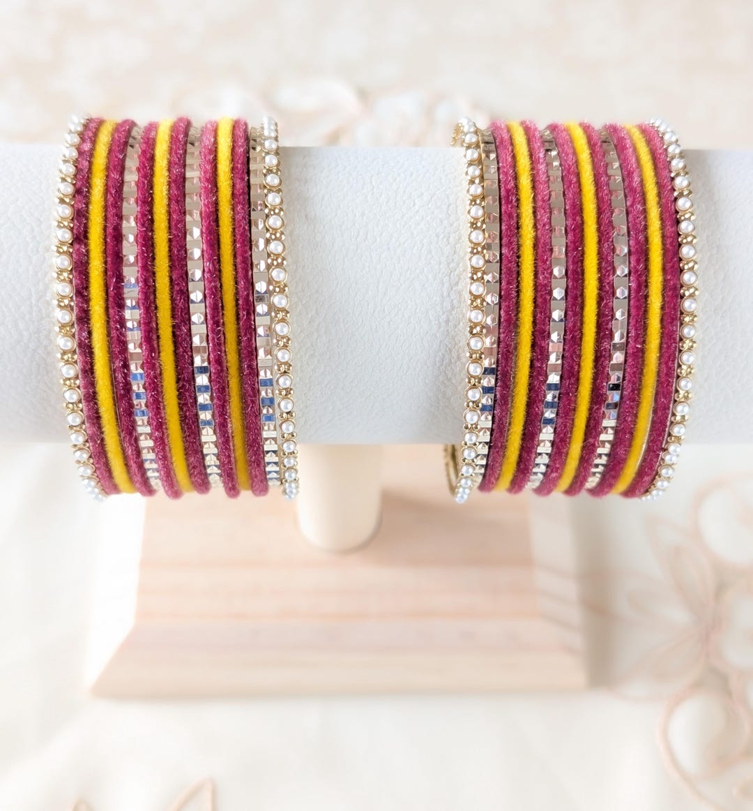 Mulberry & Yellow Velvet Chudiya Set – Silver Bangles, Moti Accents - Etsy