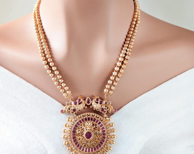 Ruby -gold Toned Traditional Indian Rani Haar Necklace Set/ Peacock ...