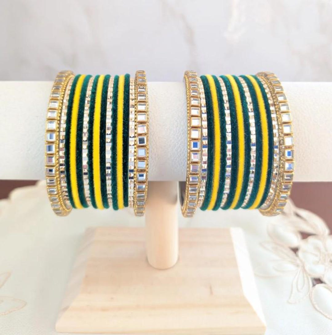 2.8 Inch Size Available ONLY - Yellow and Bottle Green Velvet Churi Set ...