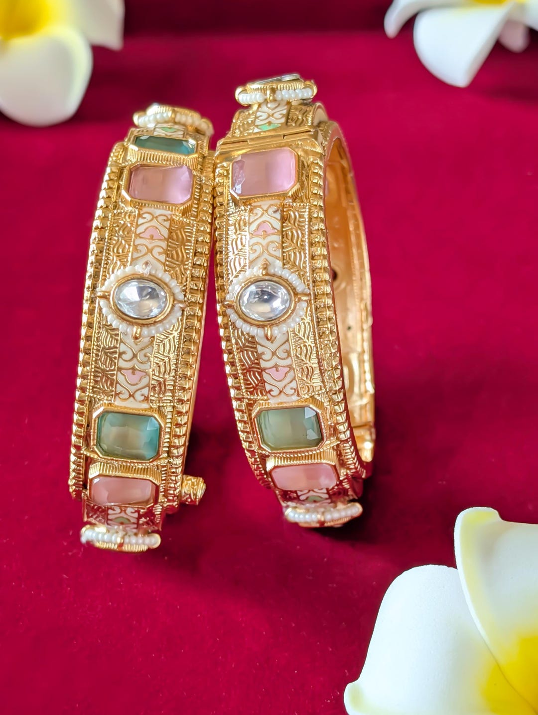 Kundan Meenawork Bangles: Pink & Mint Stone Rajwadi Kada - Etsy