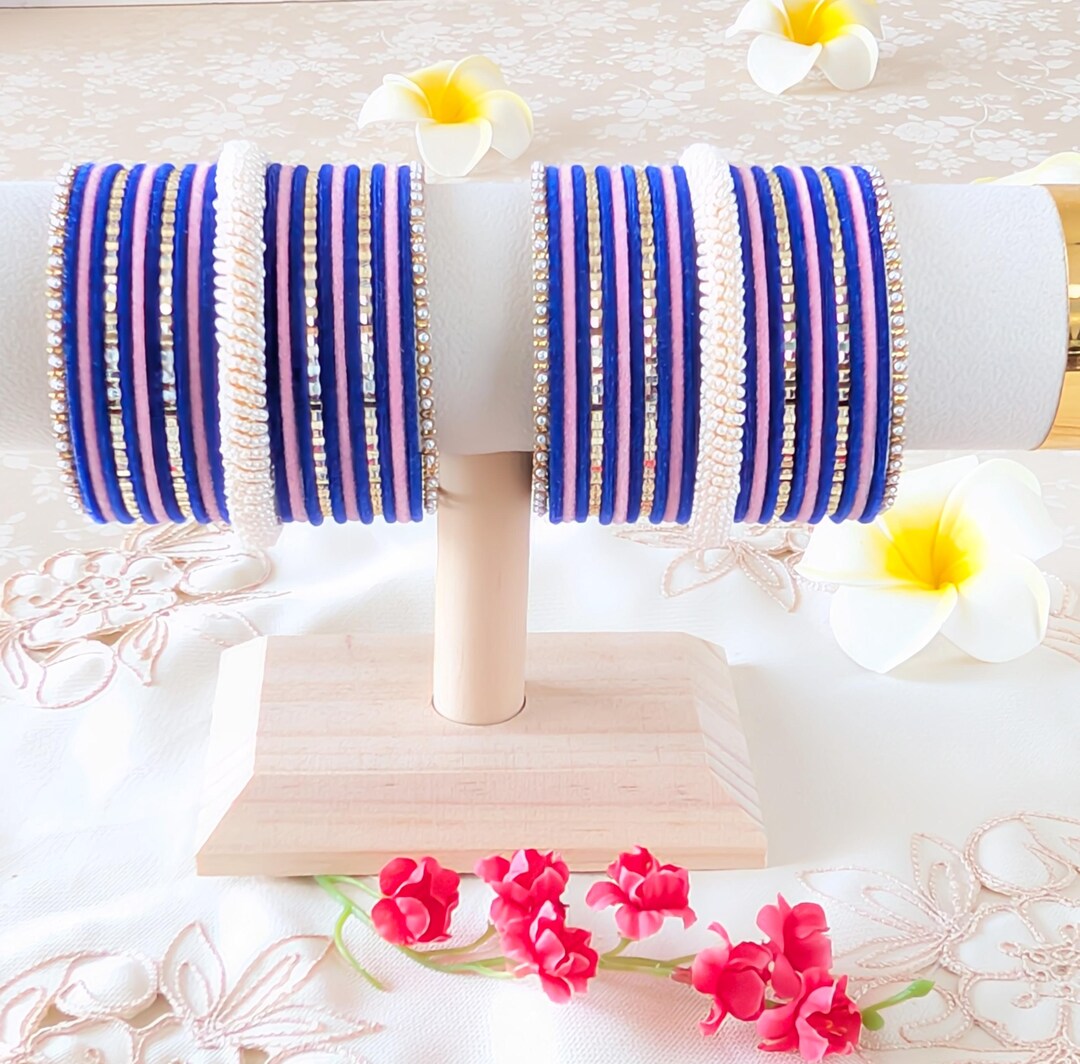 Royal Blue and Pink Velvet Chudiya Set – Silver Metal and Moti Bangles ...