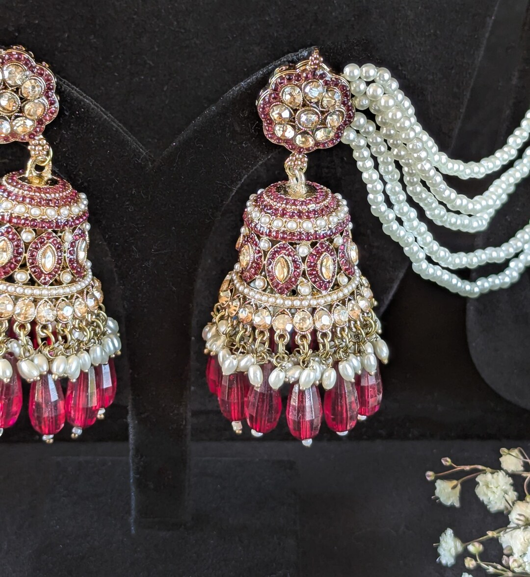 Maroon Jhumka Earrings With Pearl Chain: Bridal Jewelry - Etsy