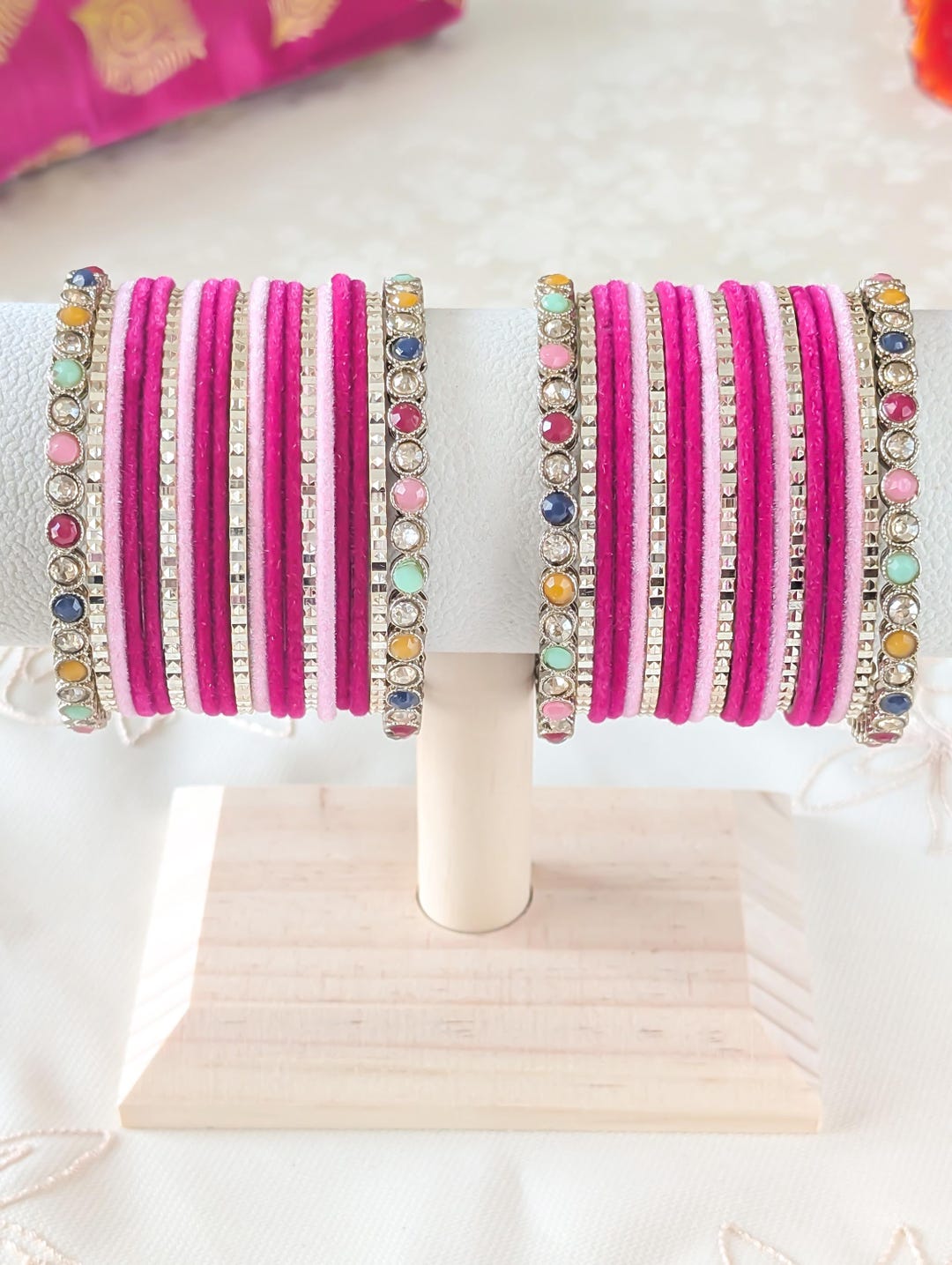 Pink Velvet Chudiya Bangle Set With Silver Metal & Multi-colored Stones ...