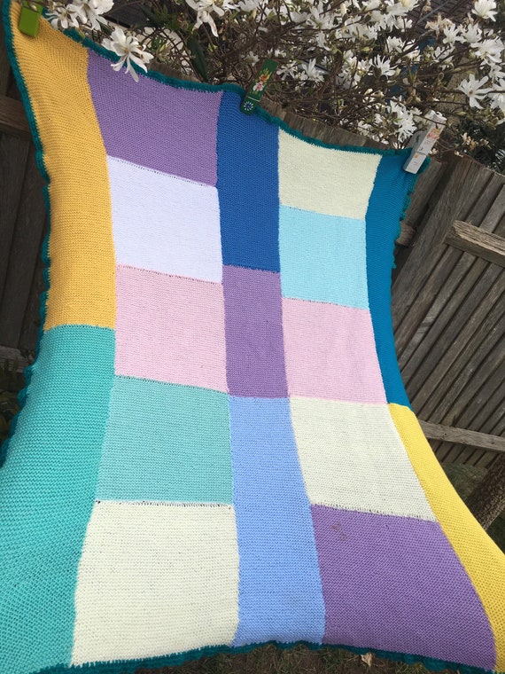 Rainbow color pop Patchwork Knitted Blanket recycled wool pink | Etsy