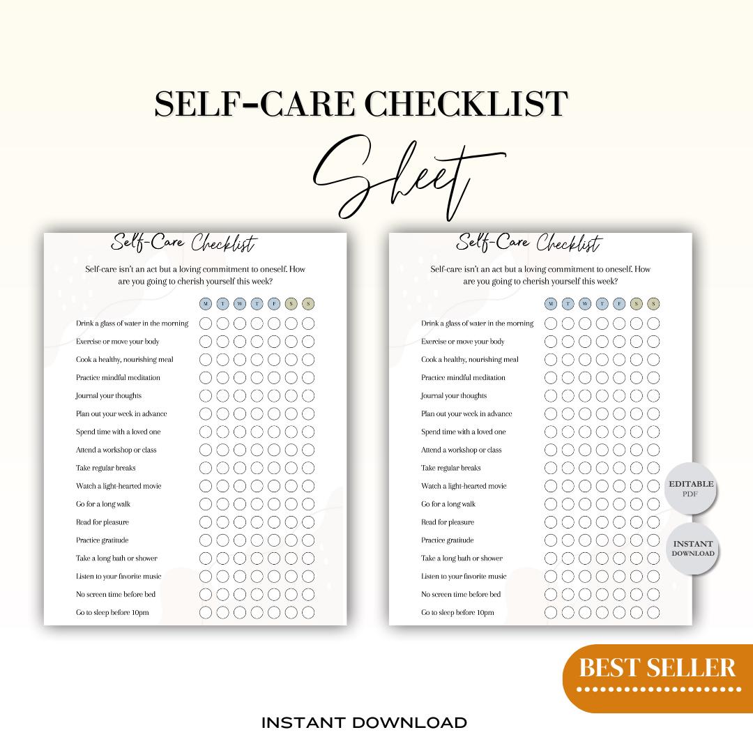 Self-care Checklist, Printable Digital PDF, Daily Wellness Planner ...