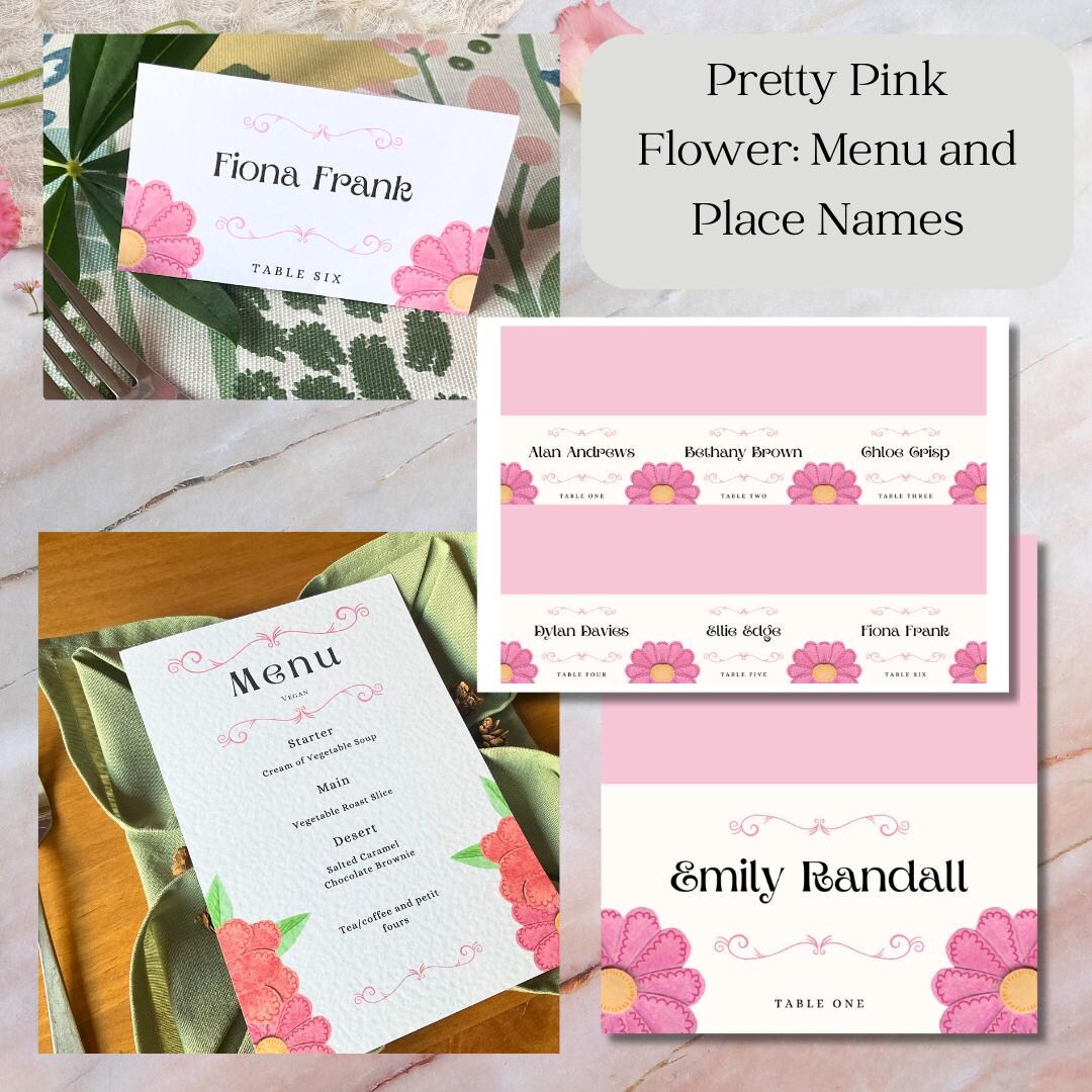 Pink Flowers Wedding Menus & Place Setting Template | Downloadable ...