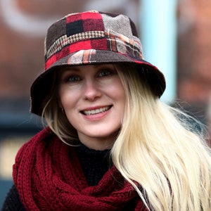 Bucket Hat Red Hat Red Plaid Hat Women's Hat Fall Fashion Red Wool Hat ...