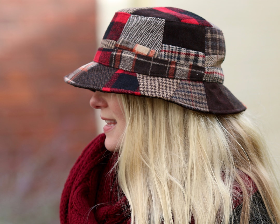 Tweed Bucket Hat, Winter Hat, Women's Hat, Patchwork Plaid Wool Hat ...