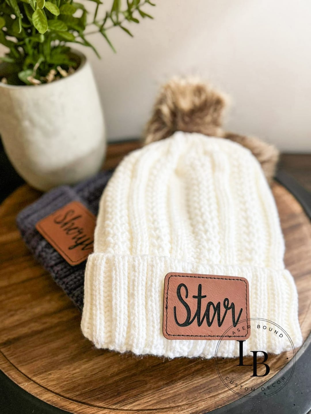 Adult Personalized Beanie Hat, Custom Leather Patch, Knitted Pom Pom ...