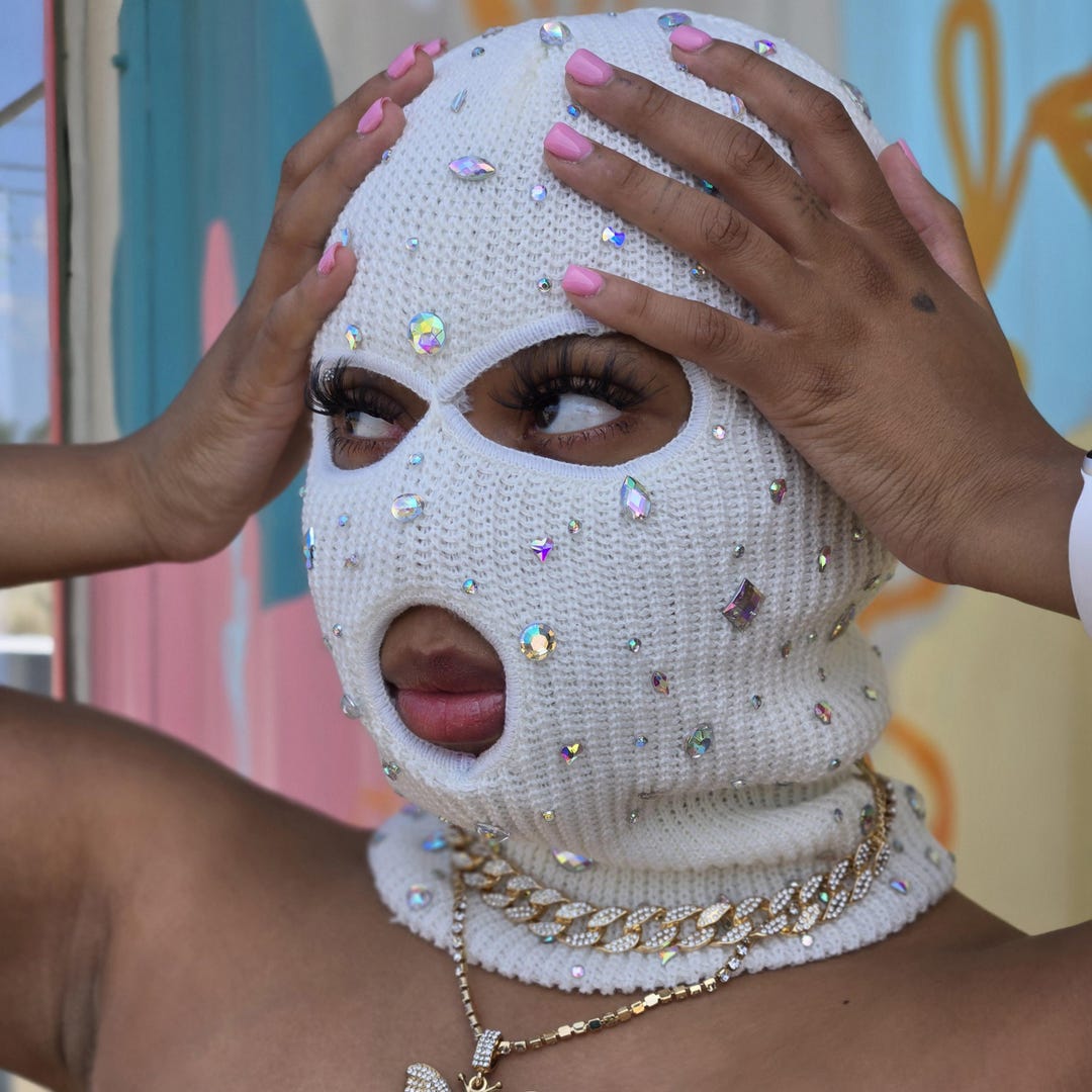 White Rhinestone Ski Mask, Baddies Aesthetic, Knit Ski Mask, Pink ...