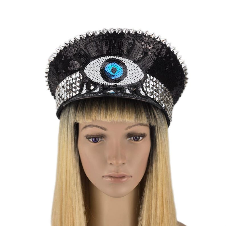 Evil Eye Military Hat, Black Disco Hat, Unisex Party Hat, Bling ...