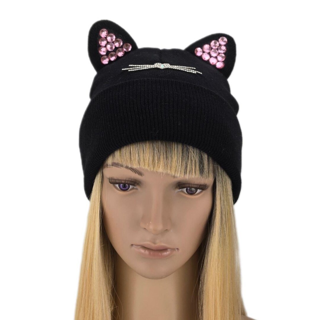 Adult Cat Ear Beanie, Cute Black Cat Hat, Knit Cat Ear Hat, Animal Ears Beanie, Witchy Kitty Cat ...