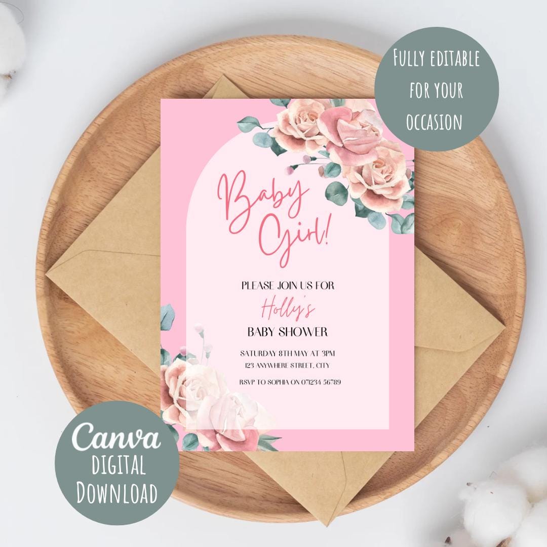 Plantilla de invitación para baby shower editable, invitación floral ...