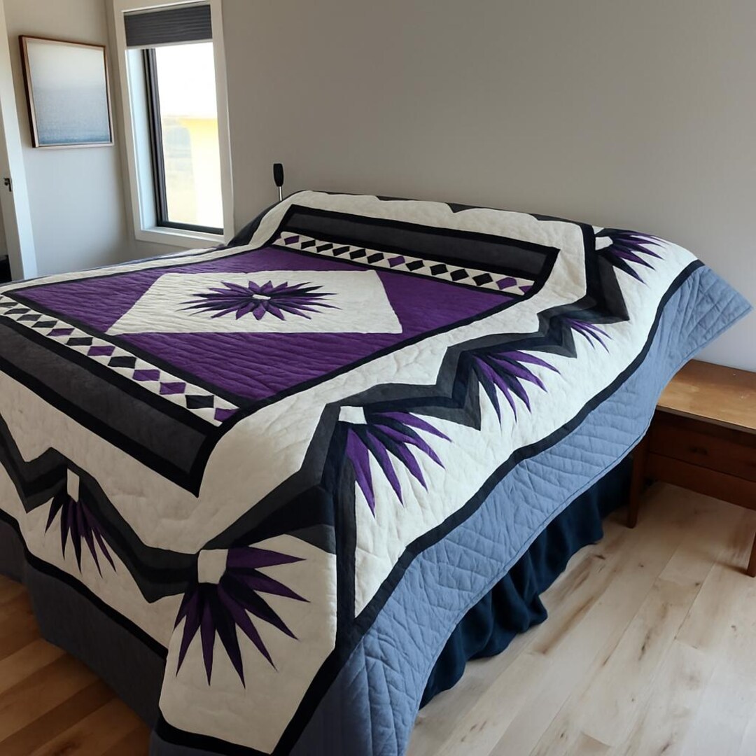 King Size Amish Quilt – Hand-stitched Heirloom Purple & Grey - Compass ...