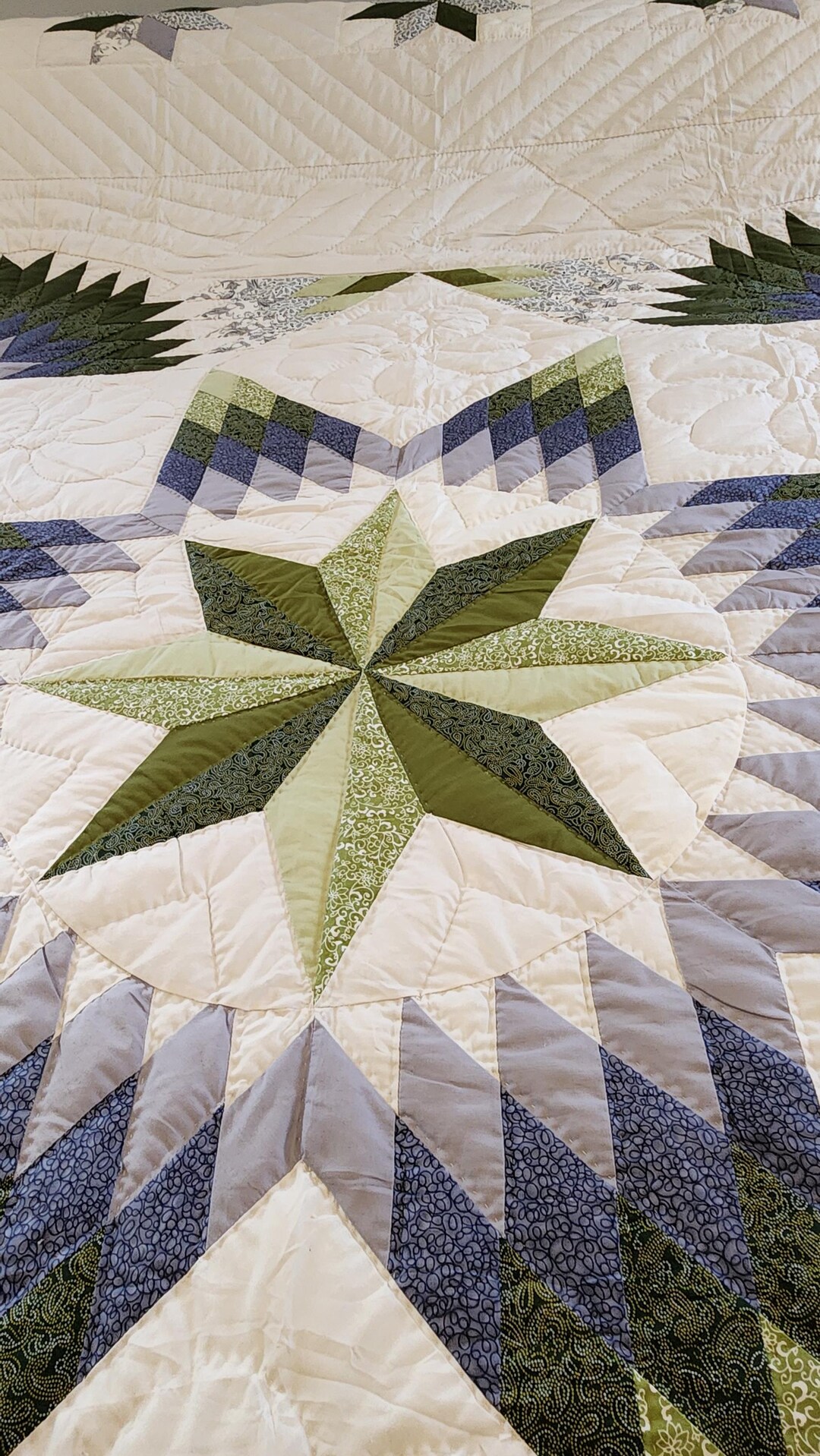 King Size Green & Blue Star Quilt – Amish Hand-stitched Patchwork ...