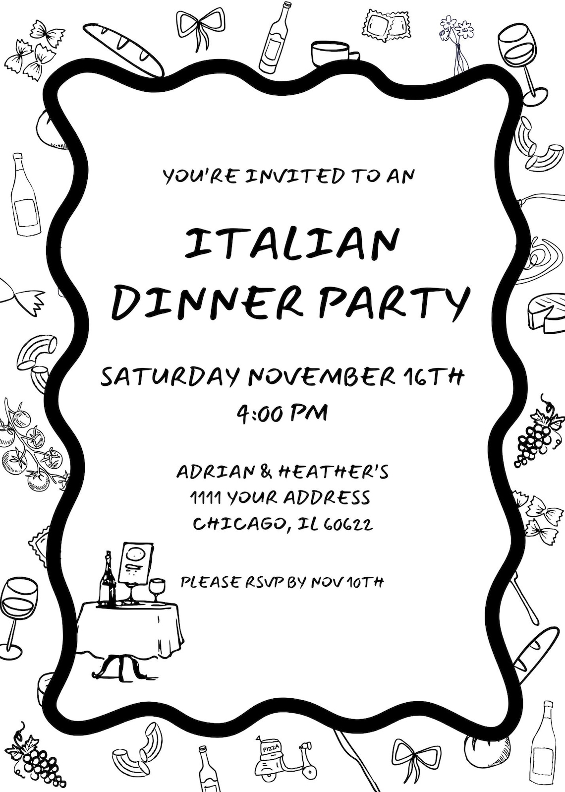 Custom Italian Dinner Party Invitation | Pasta, Wine & Cheese Doodles ...