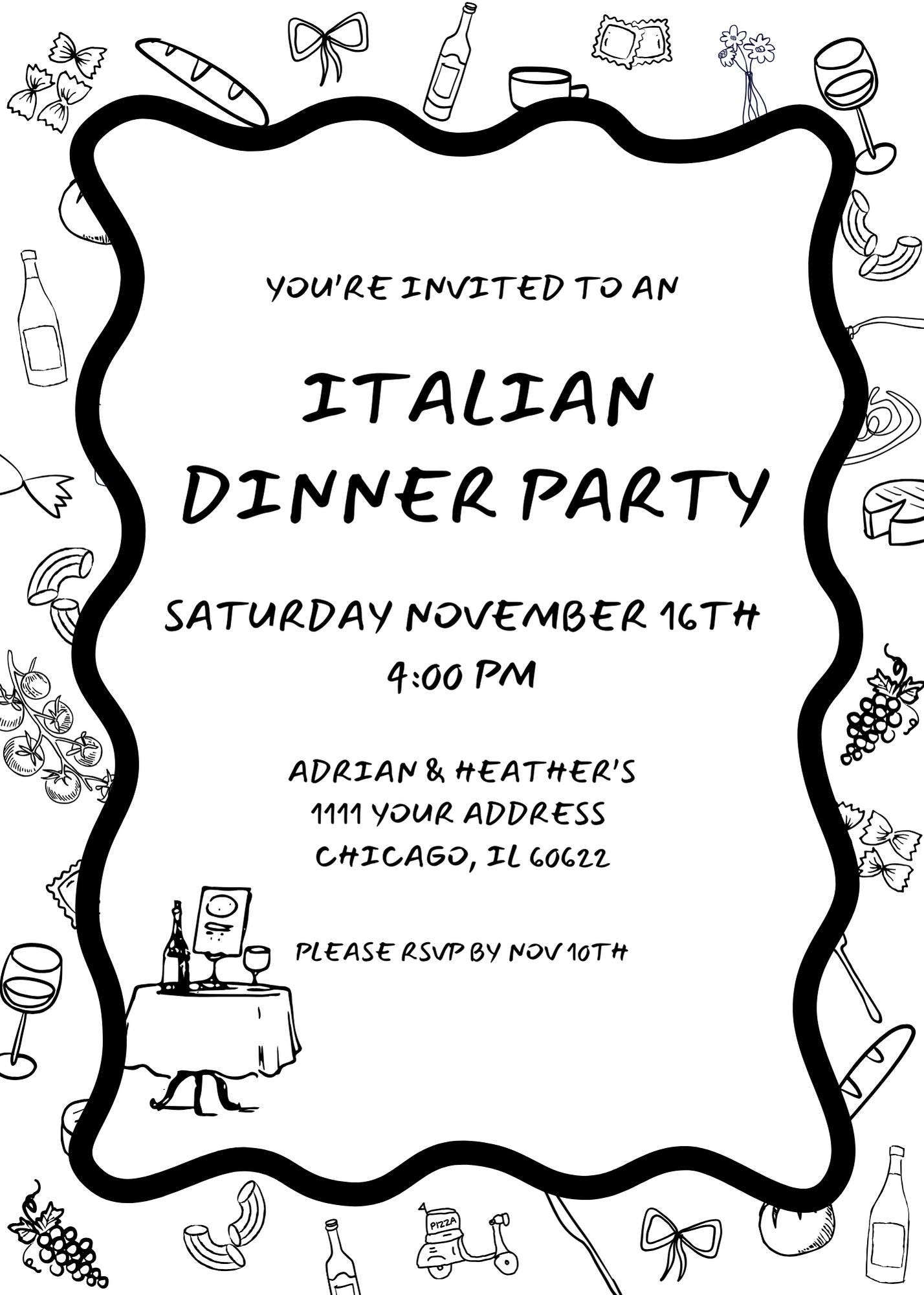 Custom Italian Dinner Party Invitation | Pasta, Wine & Cheese Doodles ...