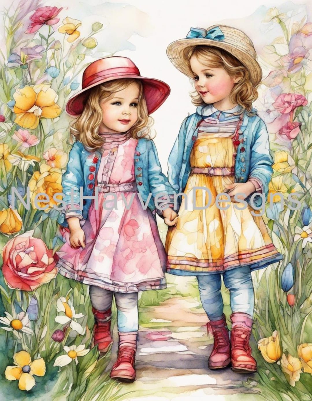 Vintage Watercolor Girls Clipart: Digital Art for Scrapbooking, Cards ...