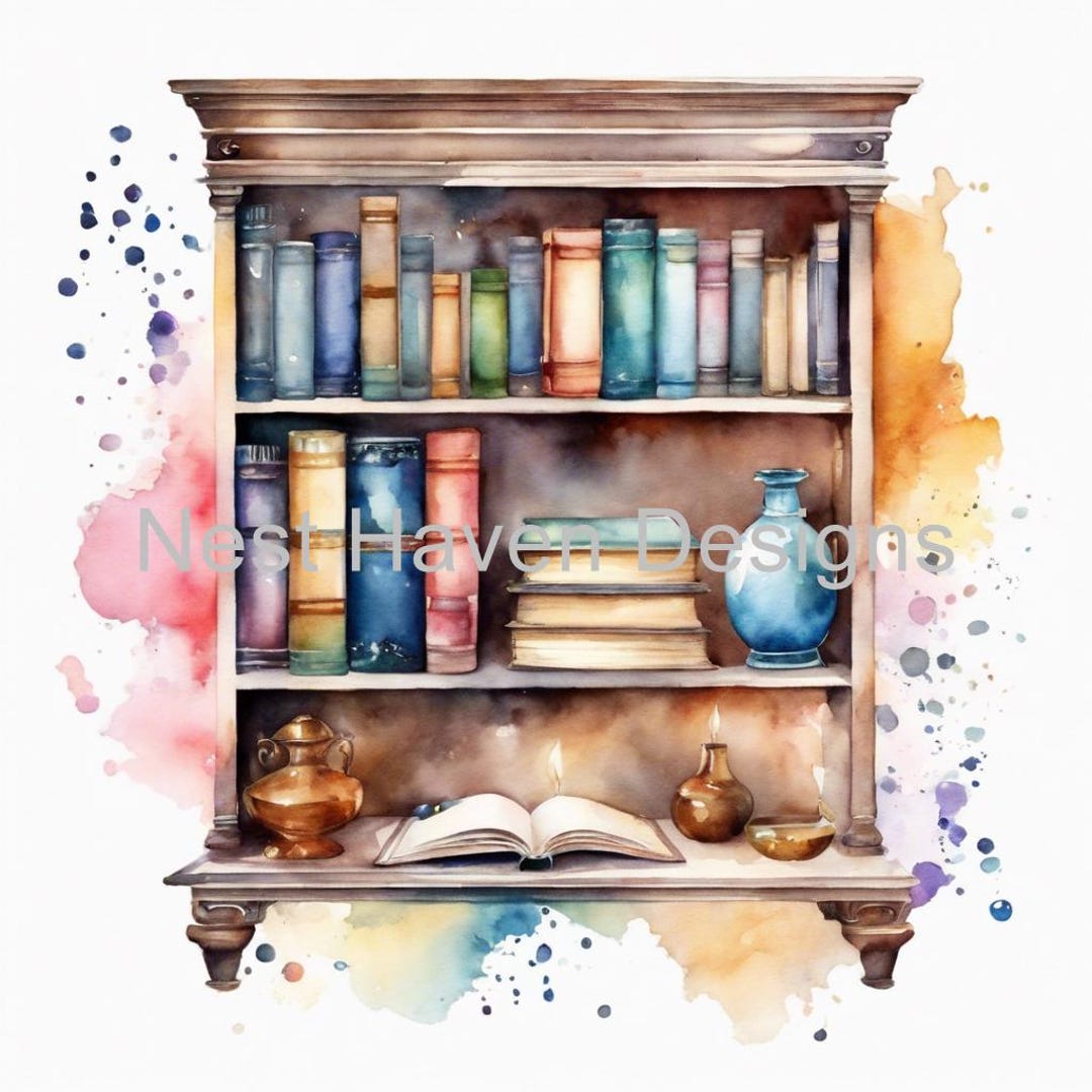 10 Watercolor Vintage Bookcase Clip Art for Crafting Scrapbooking Card ...