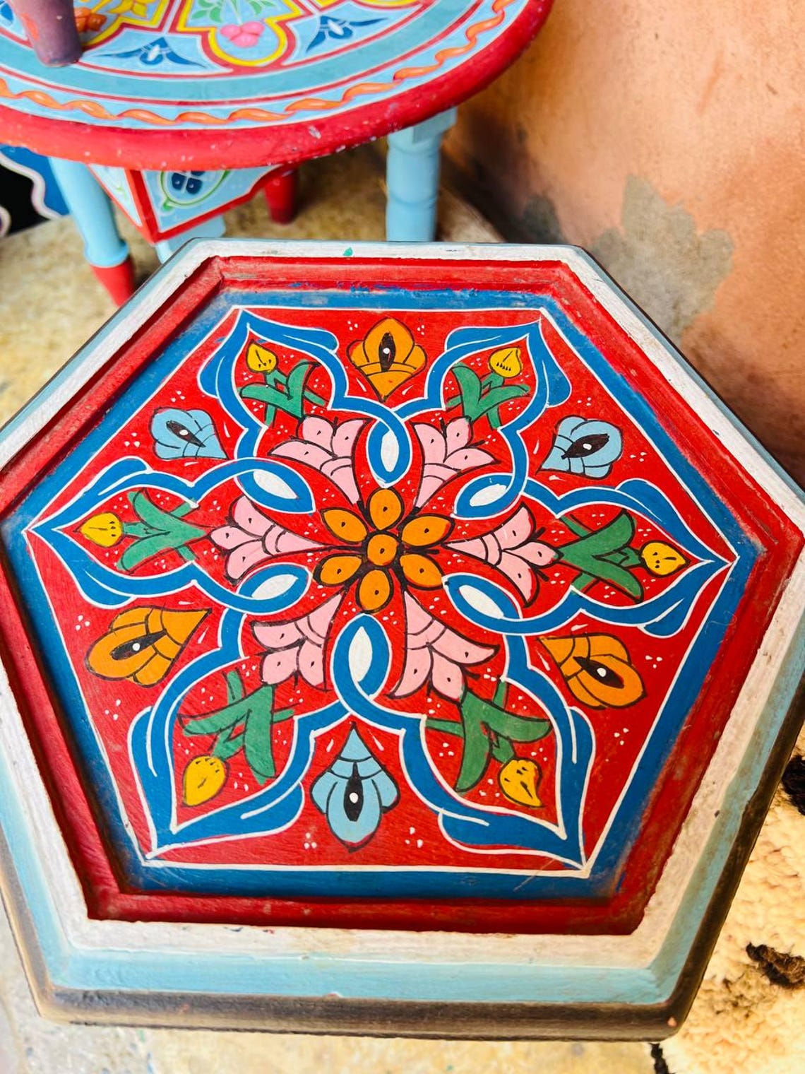 Red Moroccan Side Table – Artisan Marrakech Furniture - Hand-painted ...