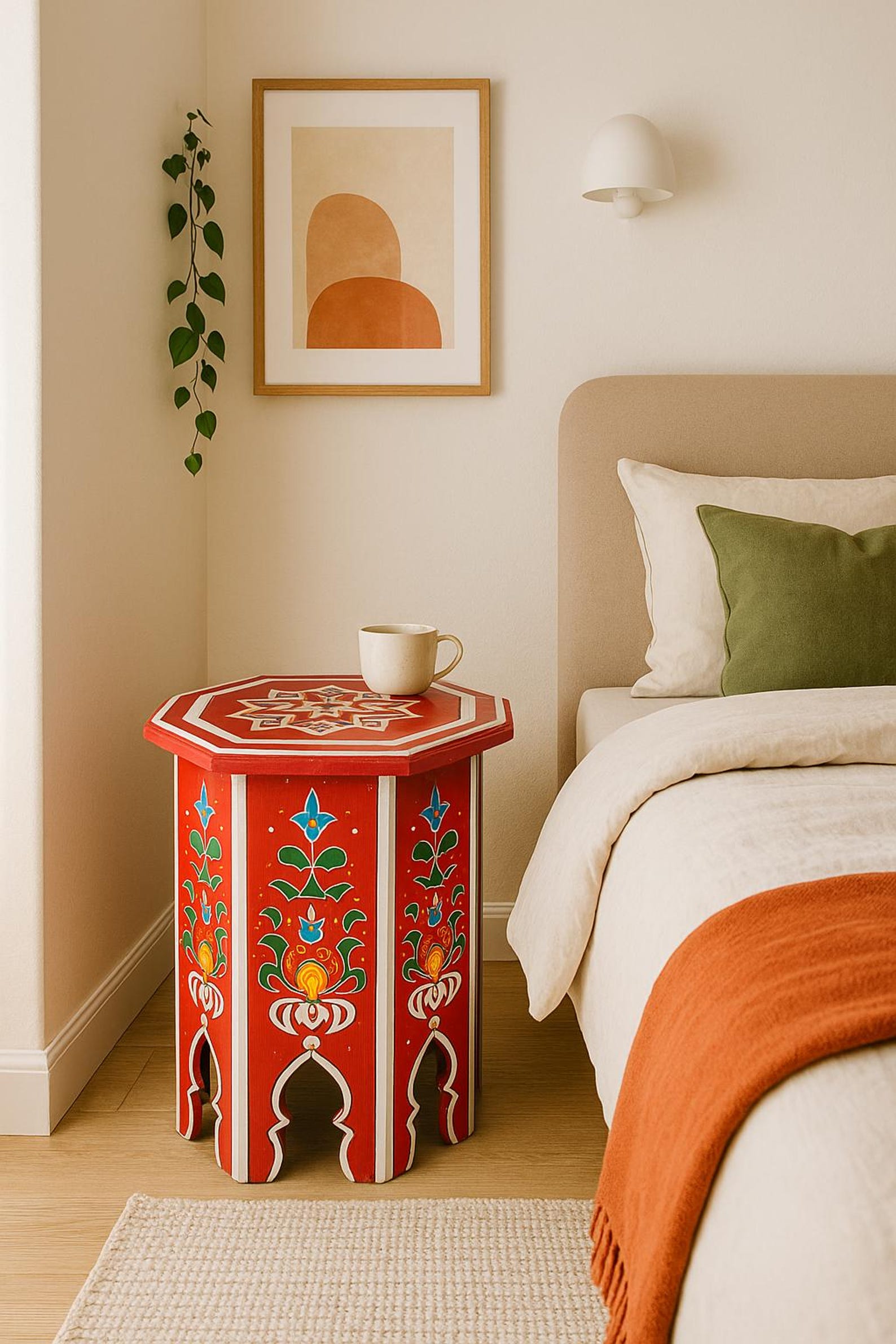 Red Moroccan Side Table – Hand-painted Wooden Accent Table – Boho ...