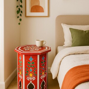 Red Moroccan Side Table – Hand-painted Wooden Accent Table – Boho ...