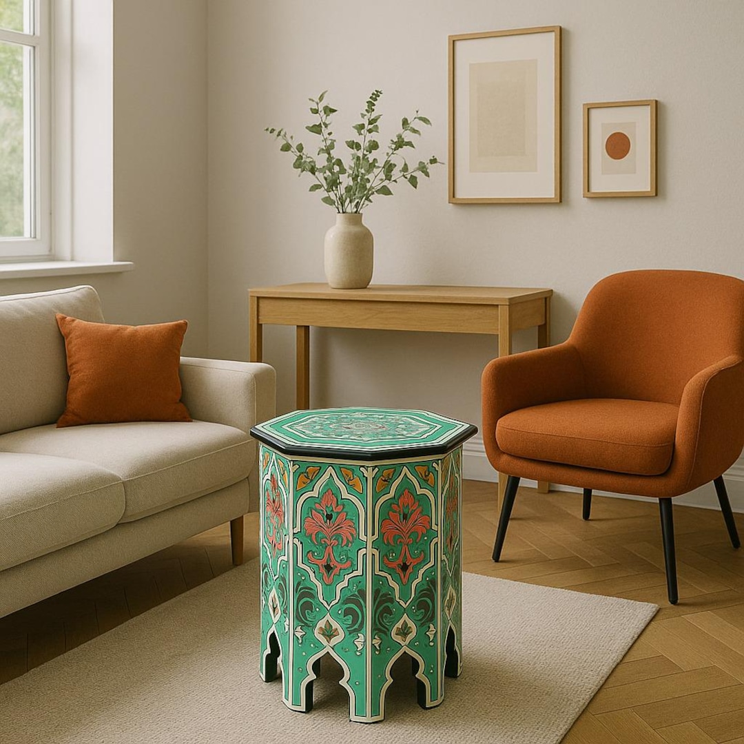 Hand-painted Moroccan Side Table: Green Hexagonal Accent Table - Etsy