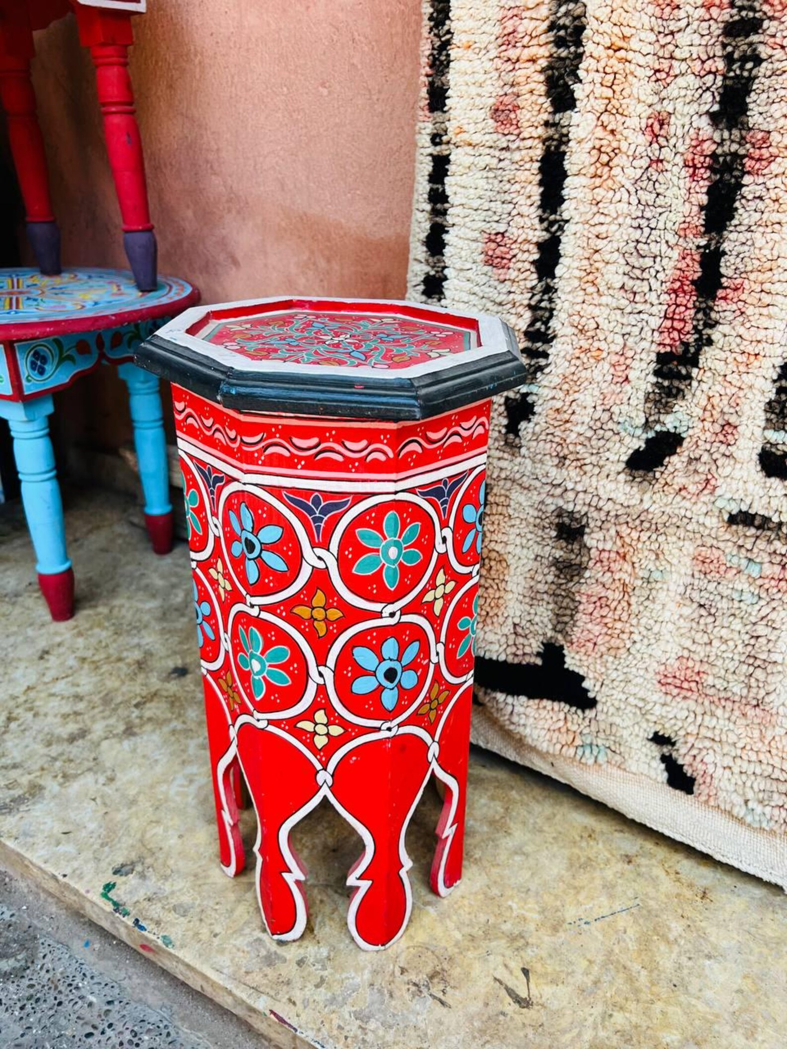 Bold Red Moroccan Side Table – Hand-painted Floral Accent Table for ...