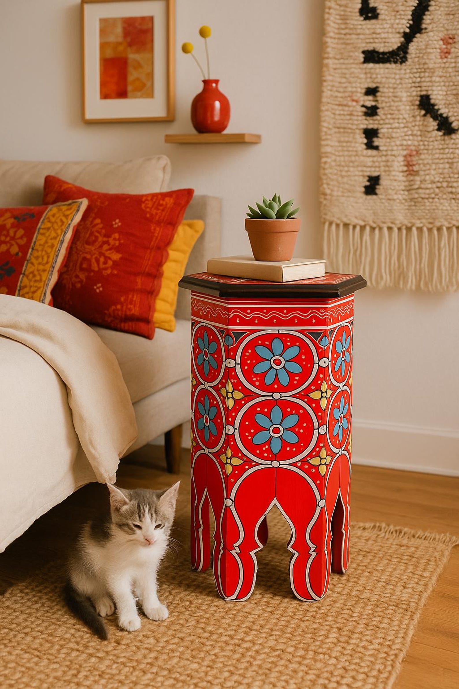 Bold Red Moroccan Side Table – Hand-painted Floral Accent Table for ...