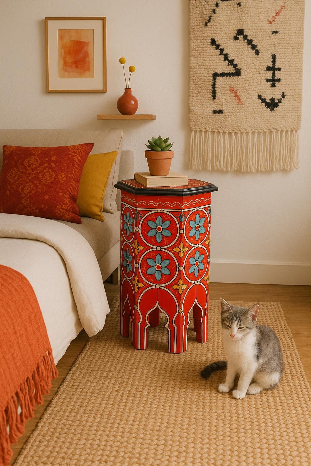 Bold Red Moroccan Side Table – Hand-painted Floral Accent Table for ...