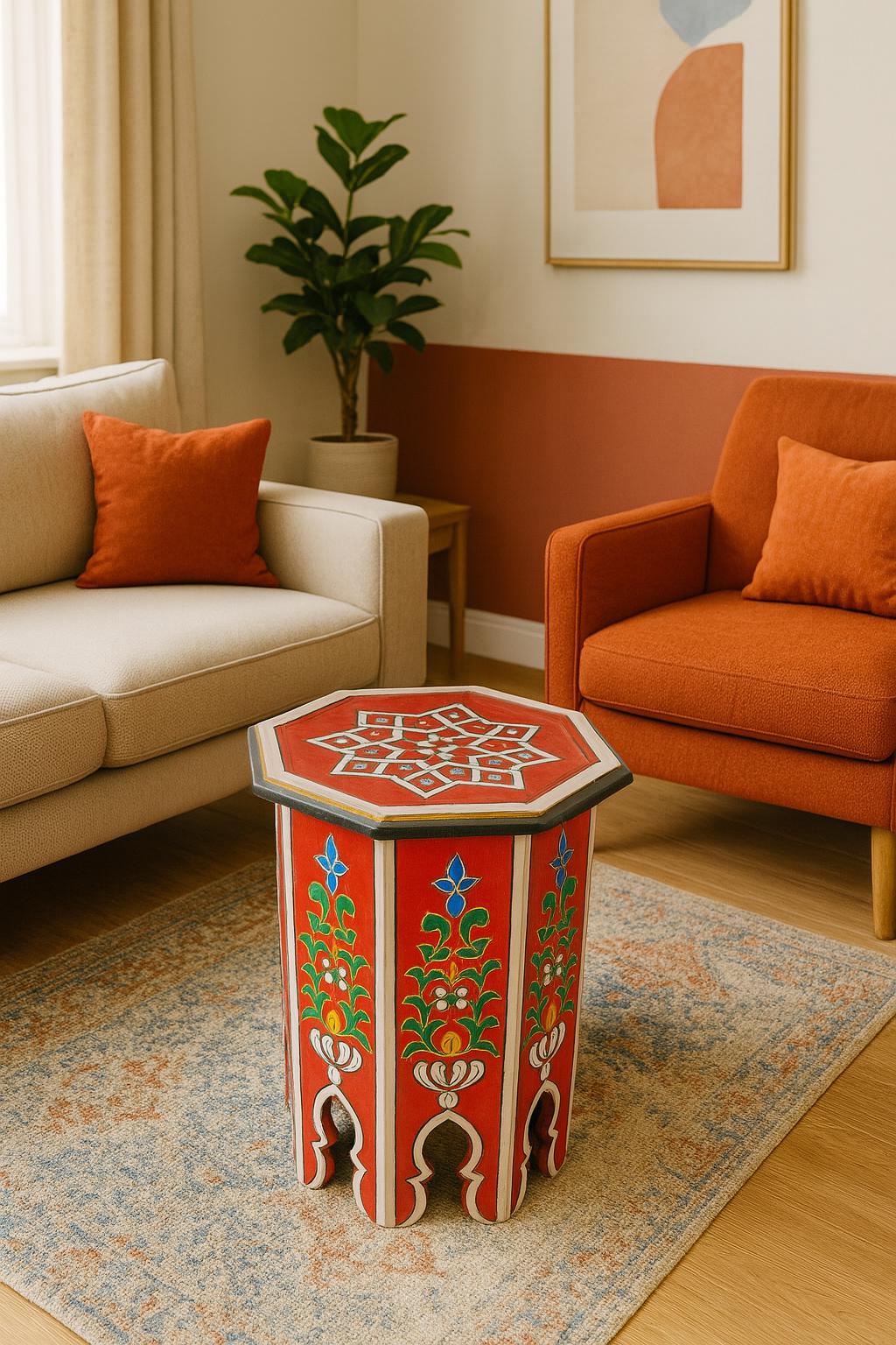 Red Moroccan Side Table – Hand-painted Wooden Accent Table – Boho ...