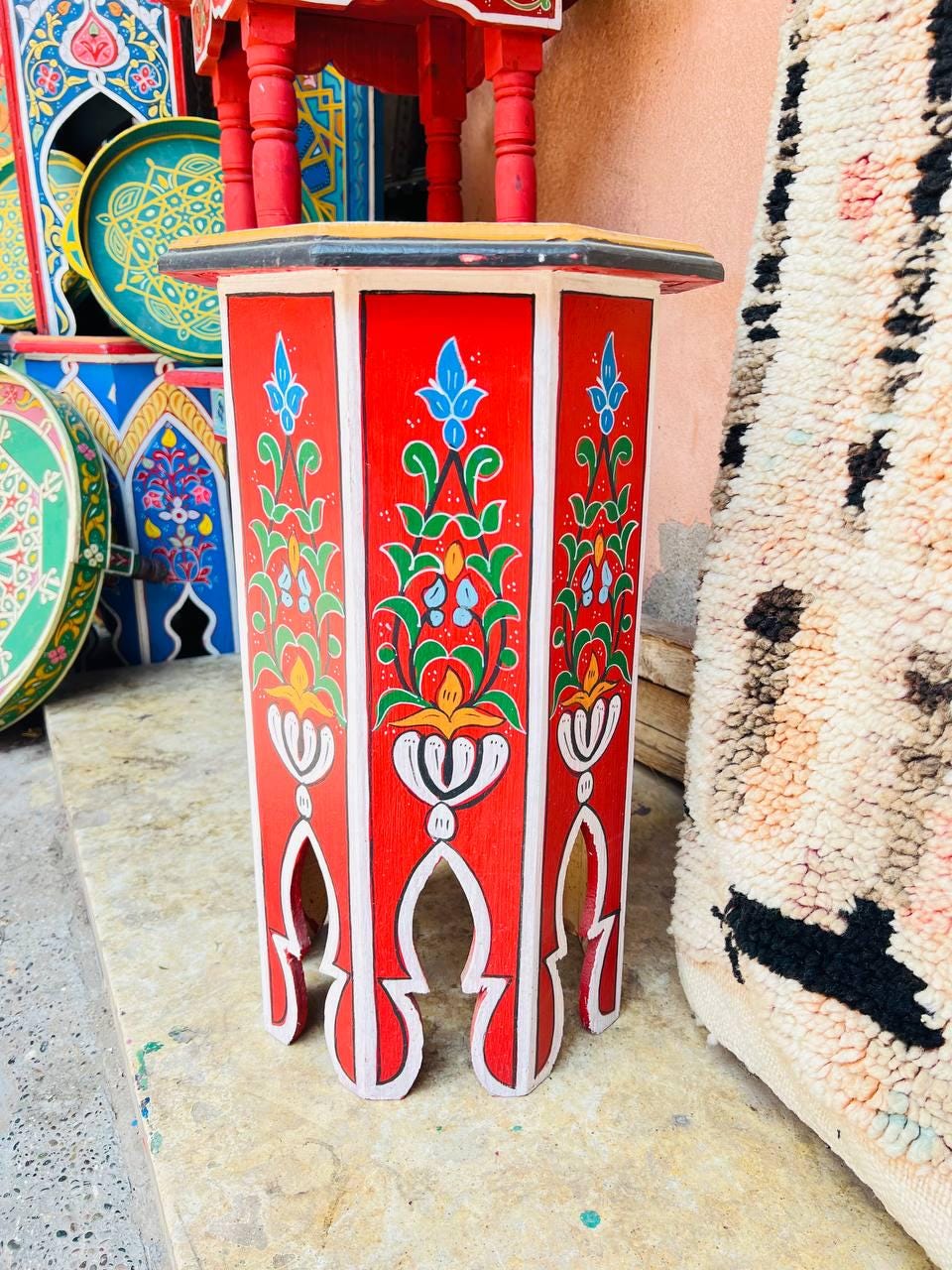 Red Moroccan Side Table – Hand-painted Wooden Accent Table – Boho ...