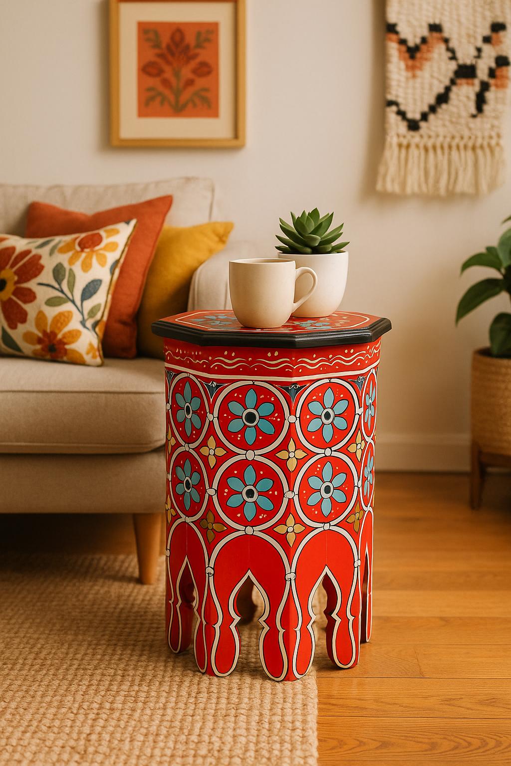 Bold Red Moroccan Side Table – Hand-painted Floral Accent Table for ...