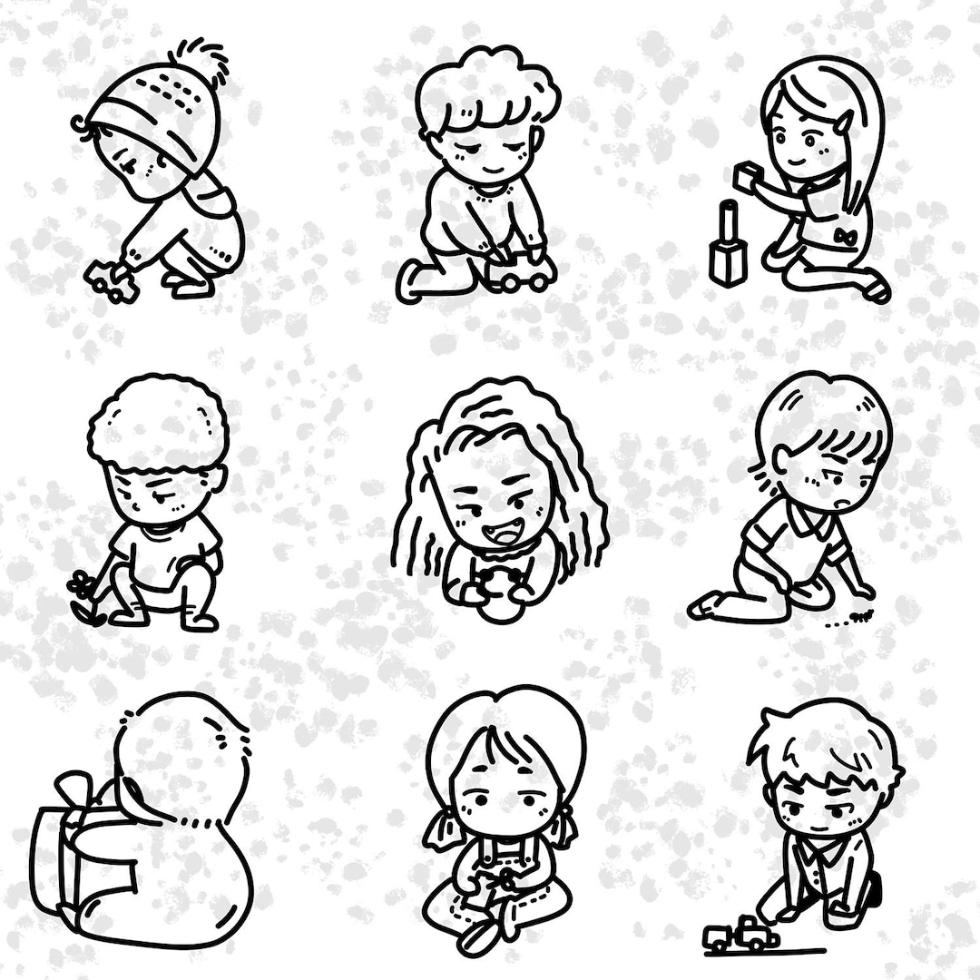 Children's Line Art Clipart Kids Playing With Toys on the Floor - Etsy