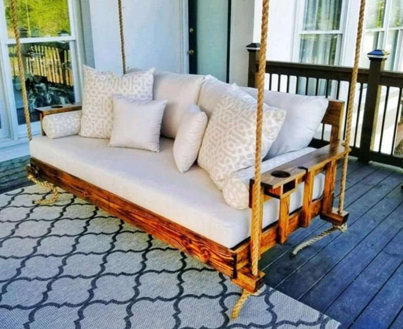 Wooden Seat Swing, Natural Wood Jute Rope Swing, Garden Balcony Swing ...