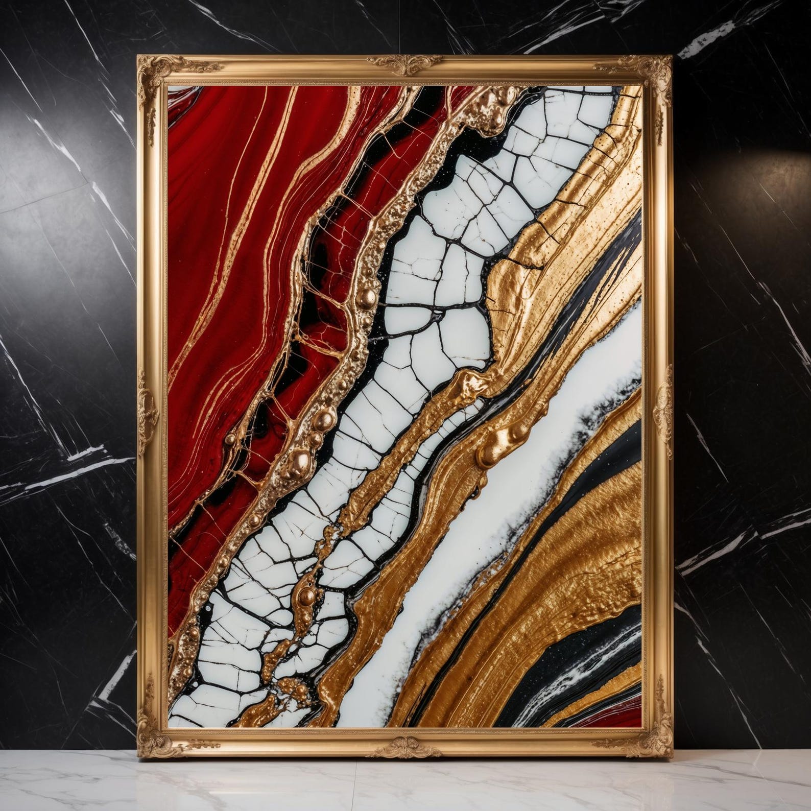 Silk Poster Print, Fluid Pour Effect in Red White Black With Golden Cells, Modern Abstract Fluid ...