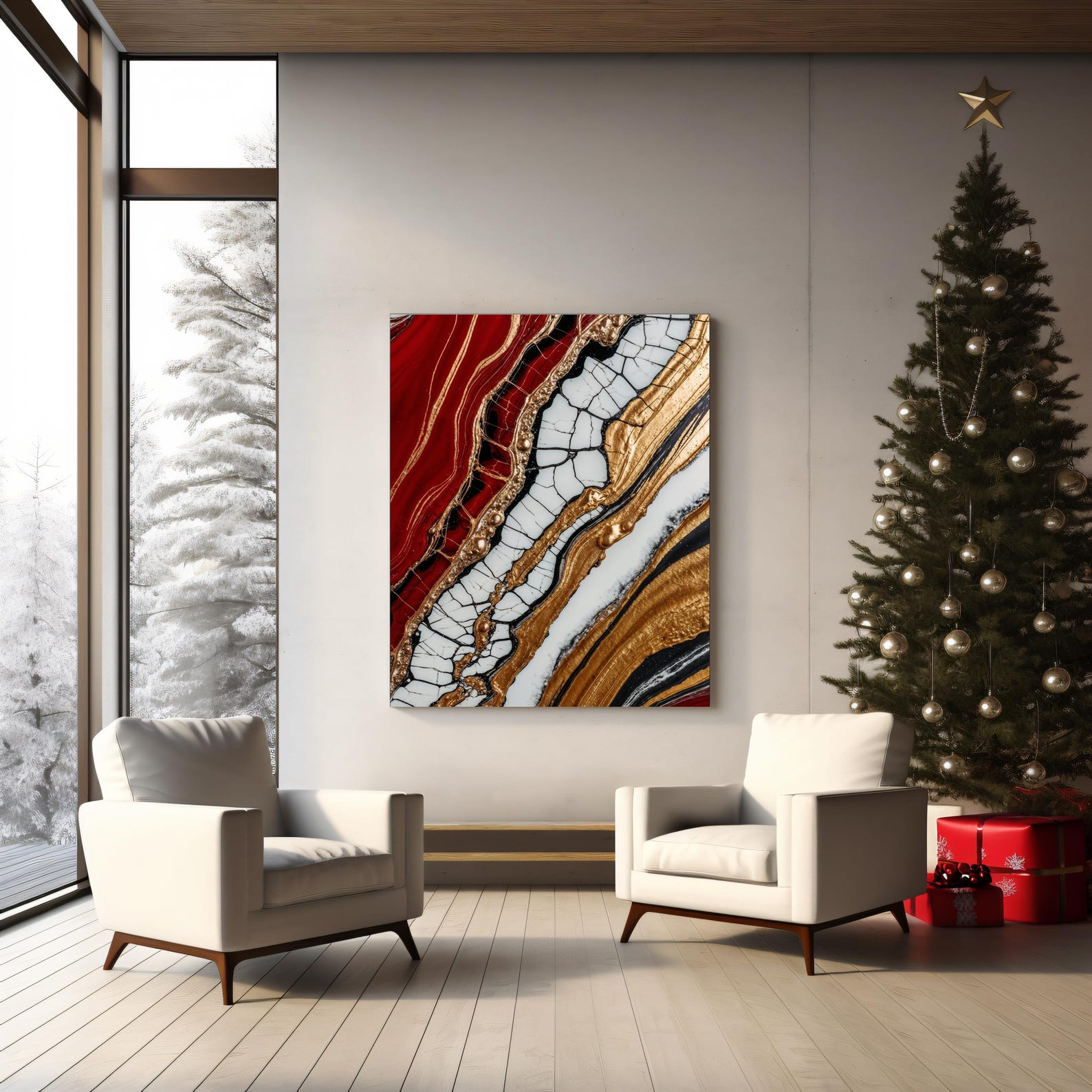 Silk Poster Print, Fluid Pour Effect in Red White Black With Golden Cells, Modern Abstract Fluid ...