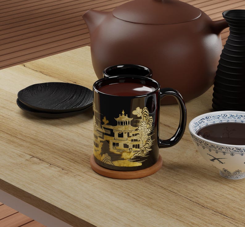 Chinese Porcelain Nanking Pattern Ceramic Mug, Gold Black, Coffee Cup ...