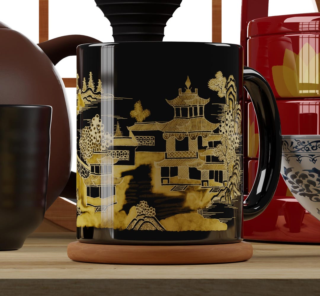 Chinese Porcelain Nanking Pattern Ceramic Mug, Gold Black, Coffee Cup ...