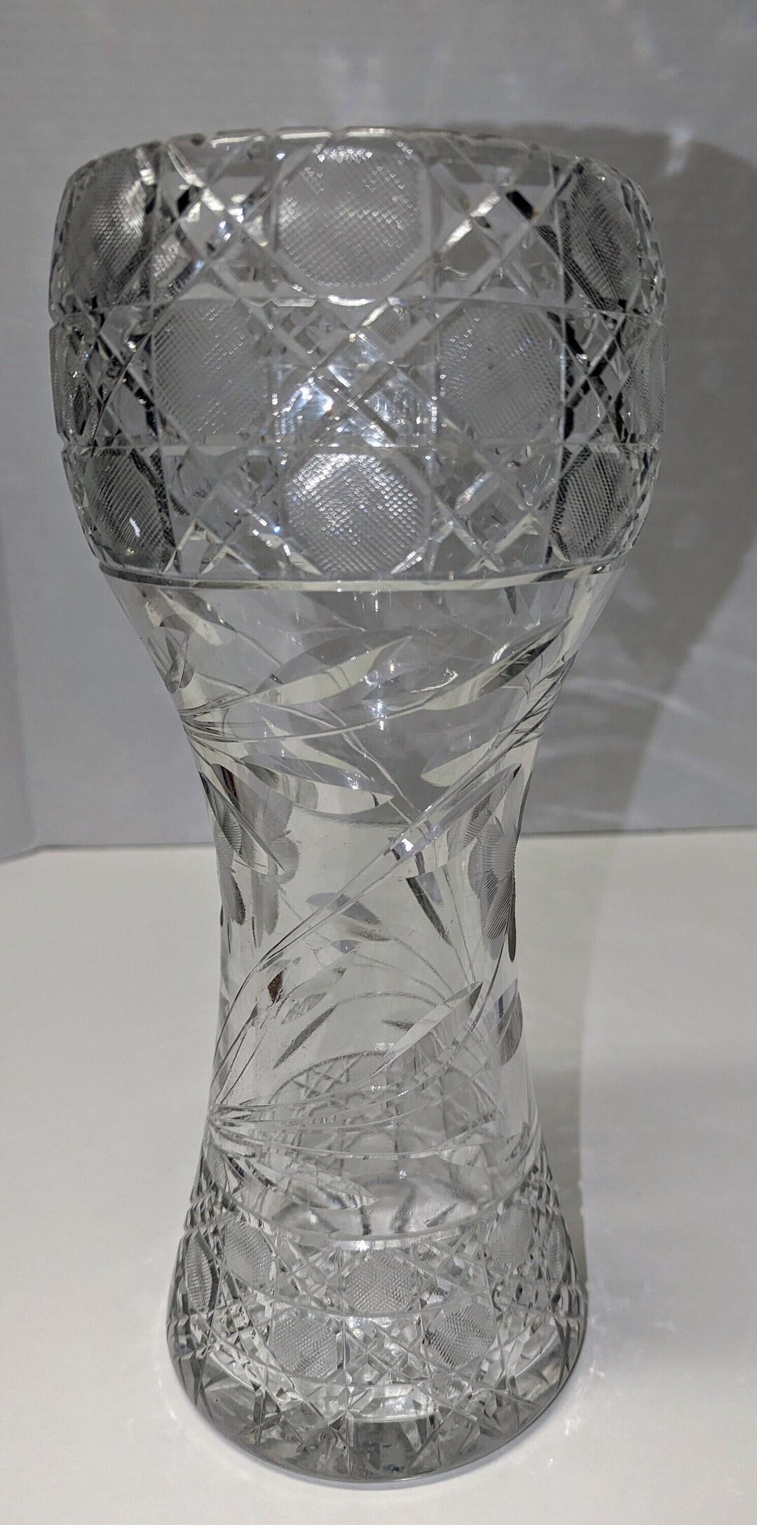 Handcut Crystal Glass Corset Vase With Floral Design 12 Inch Beauty, No ...