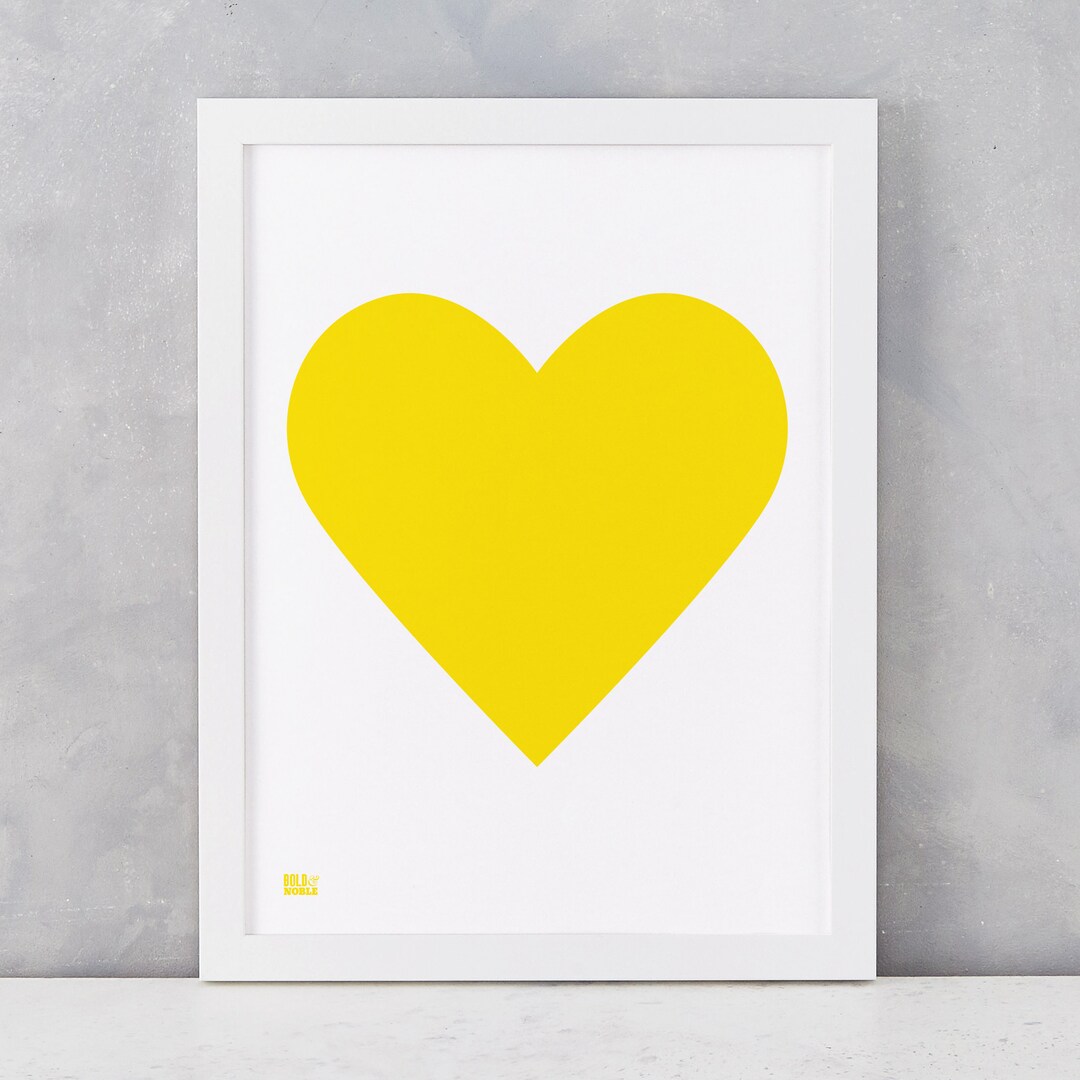 Love Heart Print, Yellow on White Card, Love Print, Heart Print ...