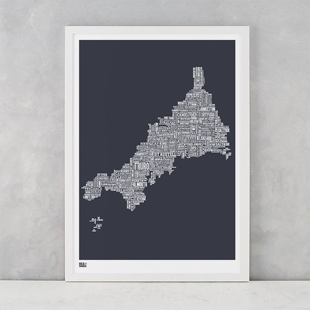 Cornwall Map Cornwall Type Map Screen Print Cornwall Type - Etsy